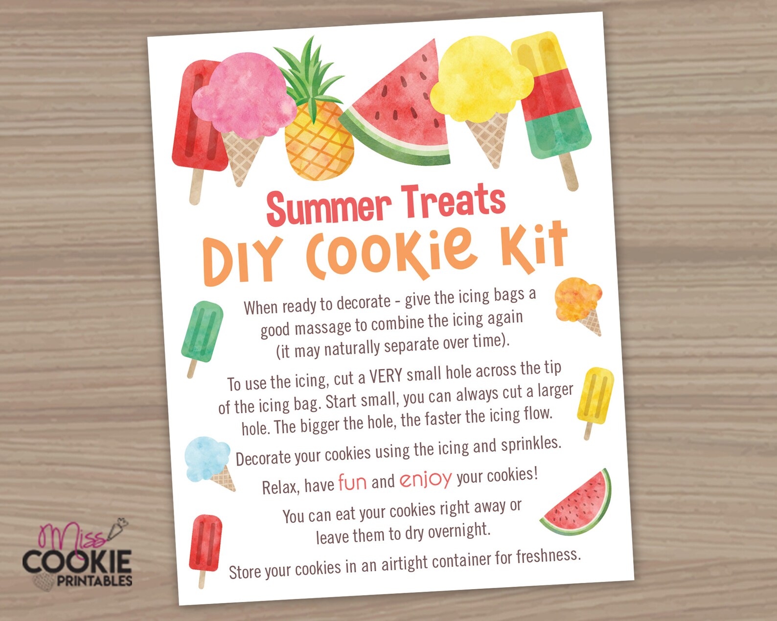 Printable Summer Treats Cookie Kit Instruction Card | Etsy