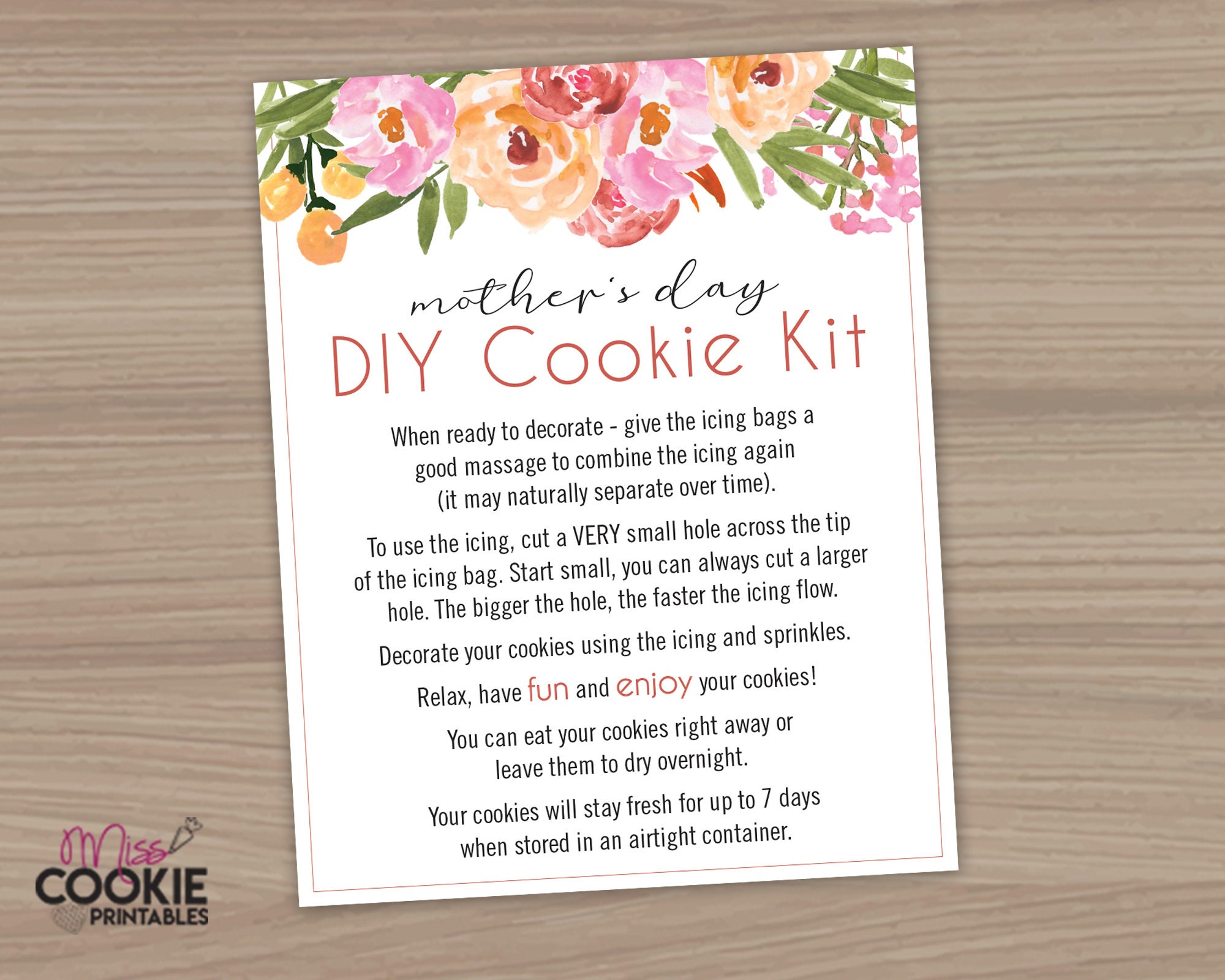 Printable Mother's Day DIY Cookie Kit Instructions - Floral Cookie Card ...