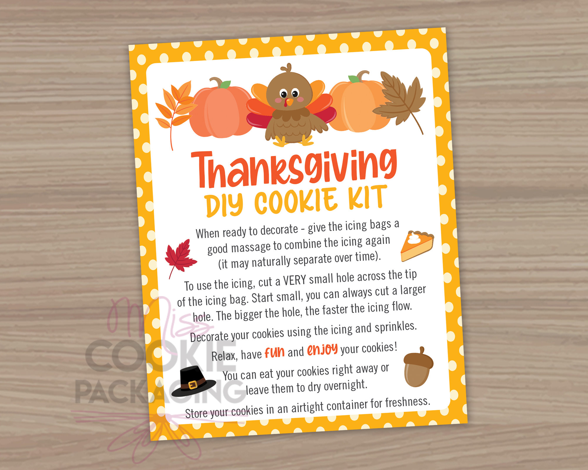 Thanksgiving Decorate Your Own Cookie Kit Instructions Card 4"x5", Kids ...