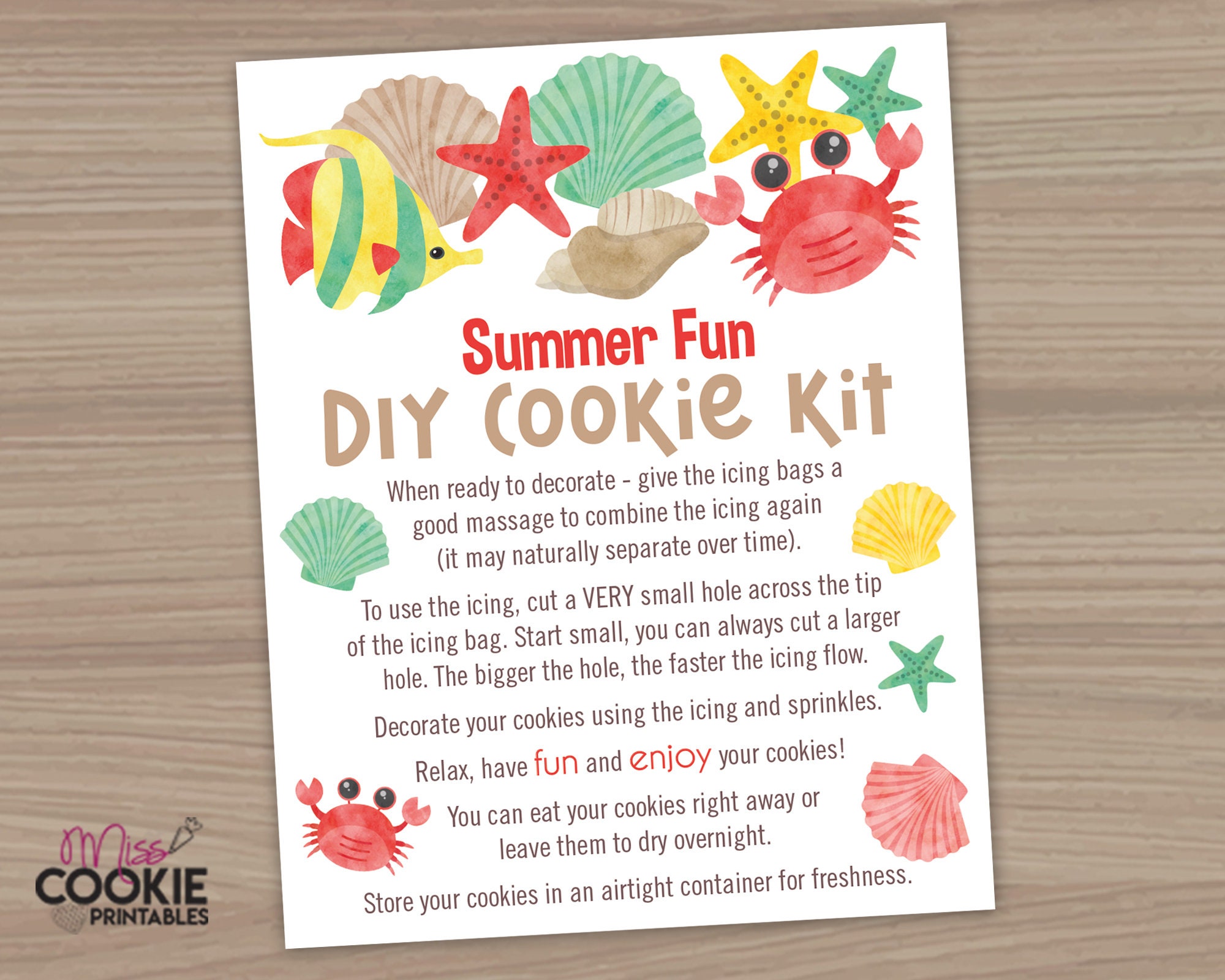 Printable Summer Fun Cookie Kit Instructions Card 4"x5" Cookie ...