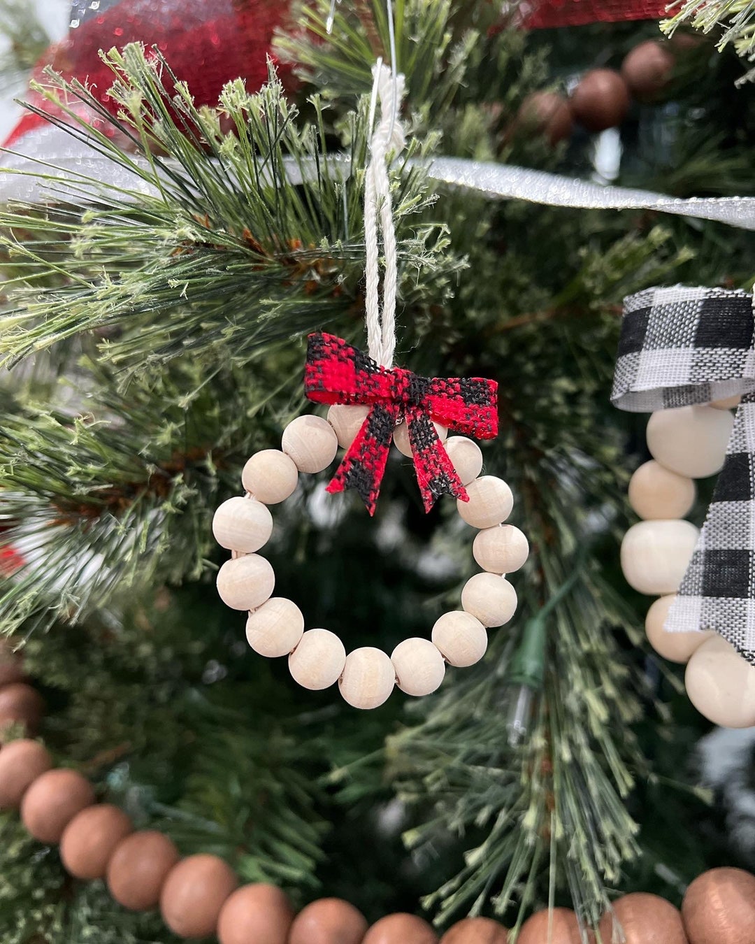 Wreath Ornament, Wood Bead Wreath, Wood Bead Christmas Ornament ...