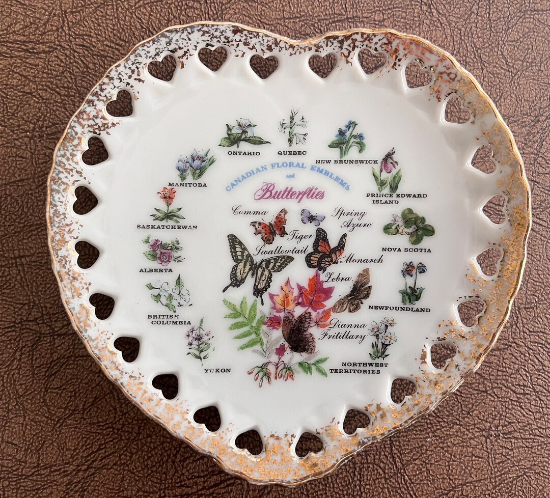 Vintage Heart Collector Plate, Canadian Floral Emblems and Butterflies ...