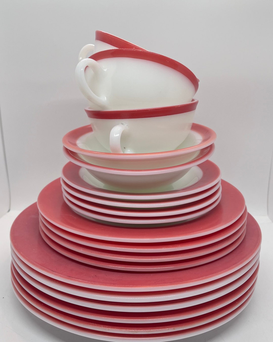 Vintage Pyrex Flamingo Dishes, Wide Stripe Pink Coral Dinnerware, Retro ...
