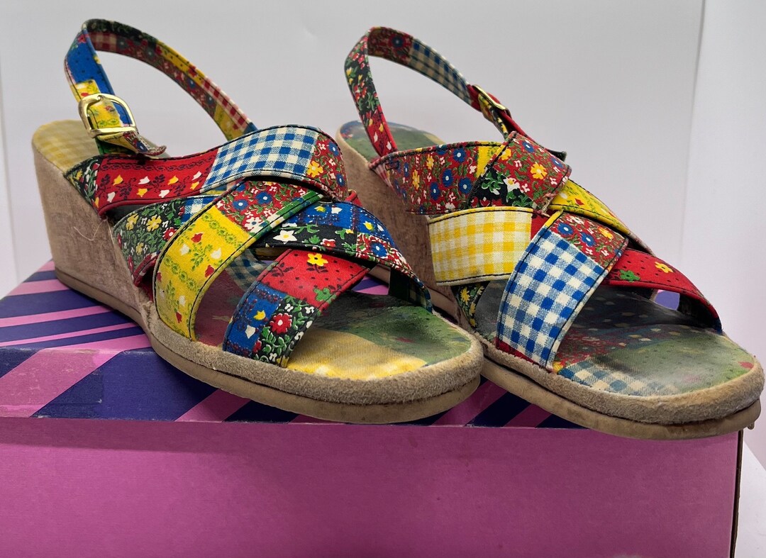 Vintage 1970's Patchwork Calico Platform Wedge Sandals, Size 7 1/2 ...