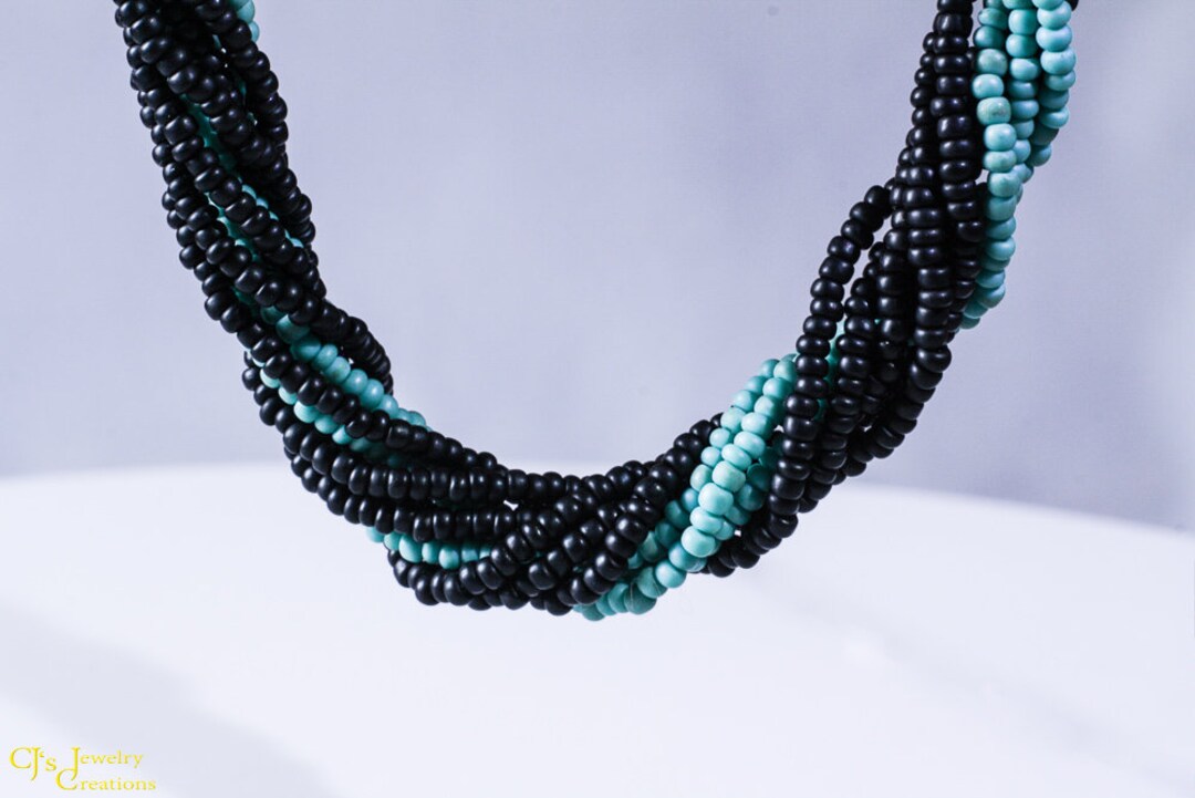 Black & Turquoise Glass Seed Bead Classy Necklace. Multiple Strands Worn as Rope Necklace or an ...