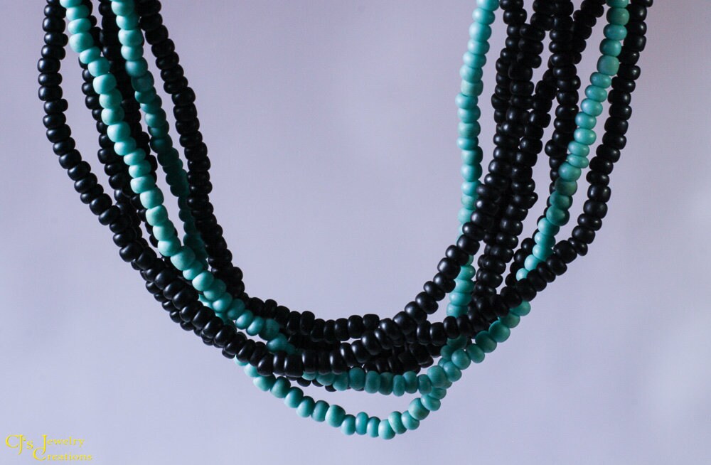 Black & Turquoise Glass Seed Bead Classy Necklace. Multiple Strands Worn as Rope Necklace or an ...