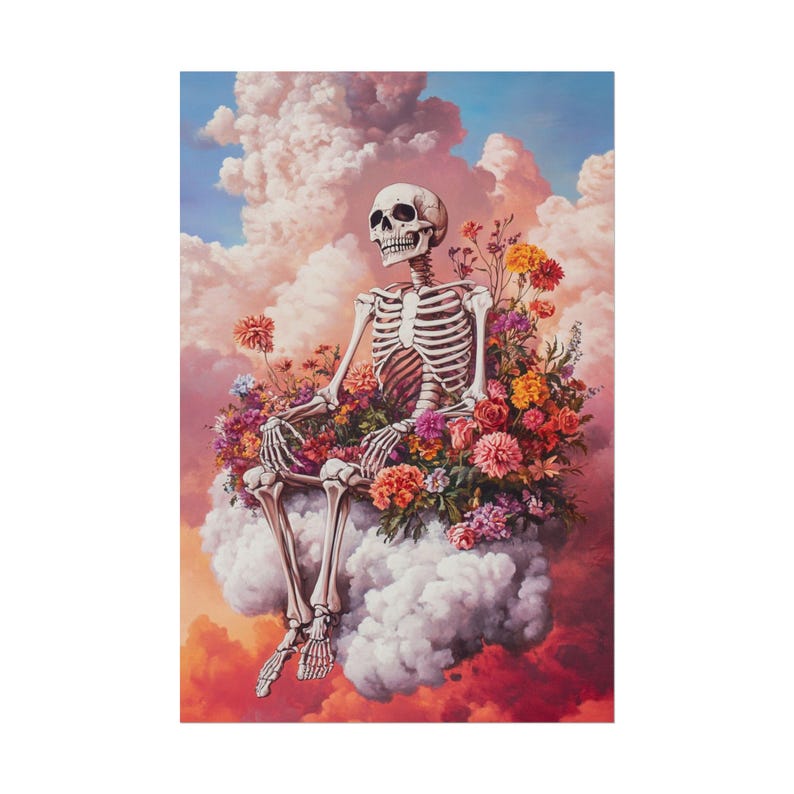 Skeleton on Cloud of Flowers Rolled Posters, Gothic Art Print ...