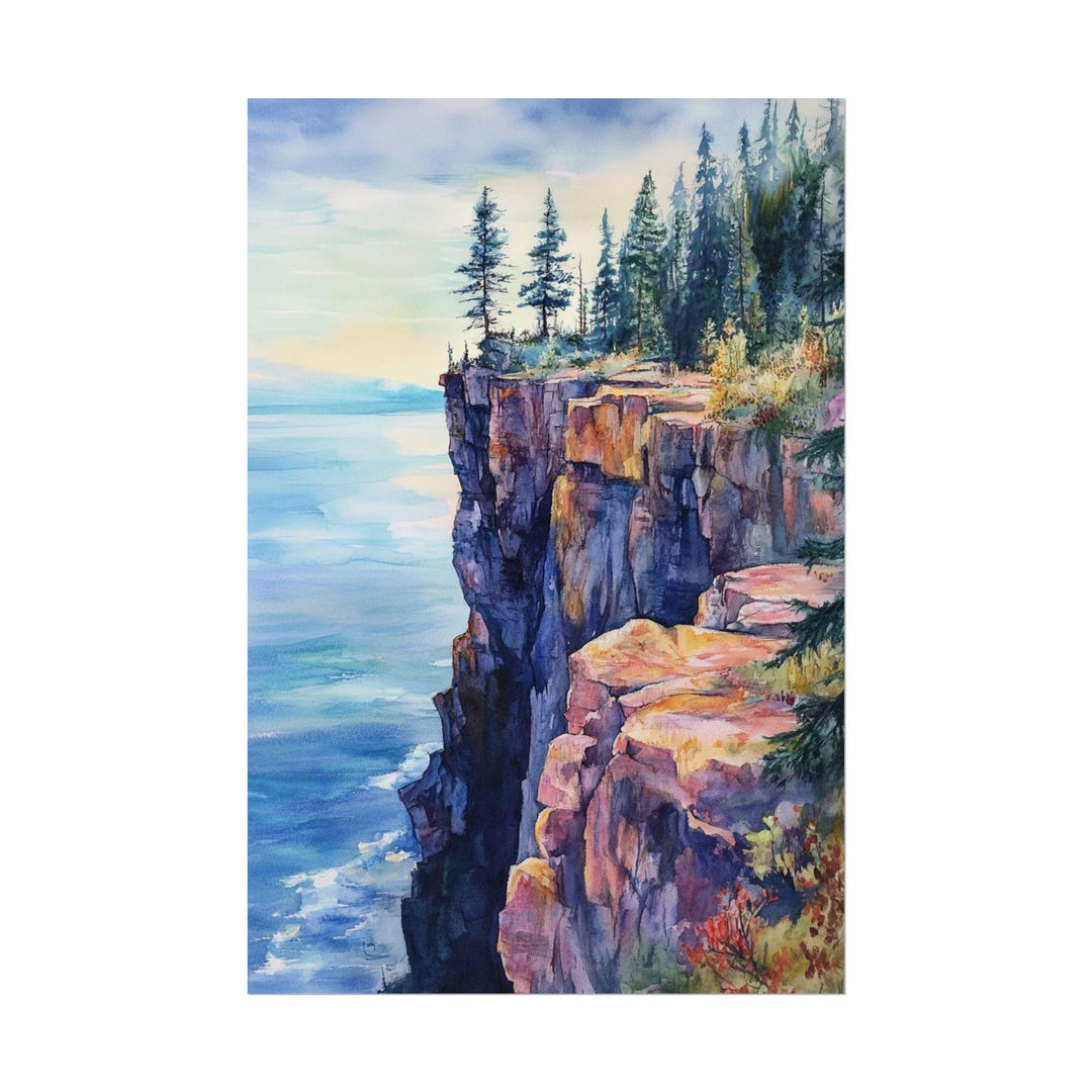 Mountain Cliff Ocean View Poster, Rocky Mountain Landscape Art Print ...