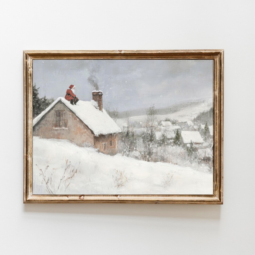Printable Santa Wall Art, Winter Neutral Village Print, Rustic Modern ...