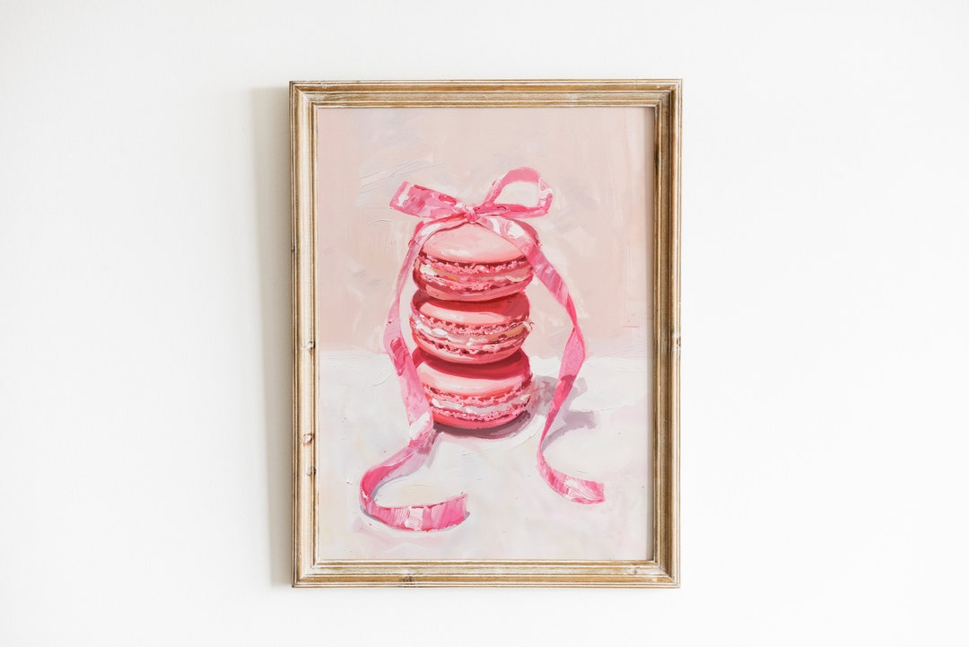 Pink Bow on Macaroons Painting, Coquette Aesthetic Apartment Wall Art ...