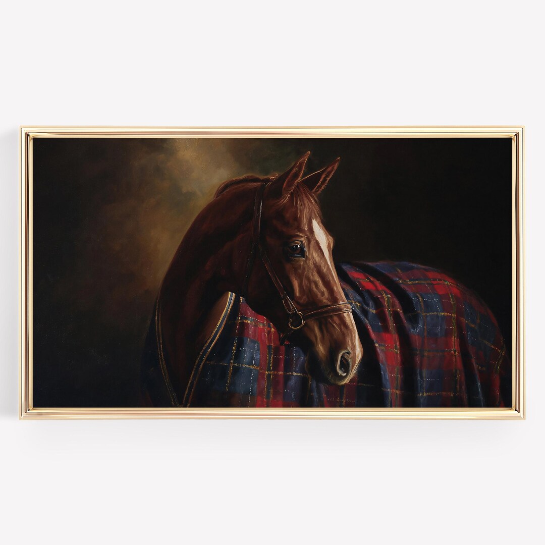 Arte para TV con marco de caballo y manta de tartán, Navidad preppy ...