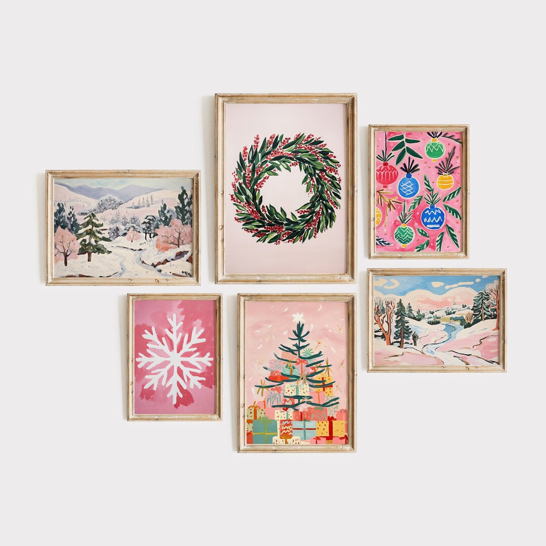 Christmas Set of 6 Printable Pink Art, Gallery Wall Holiday Eclectic ...