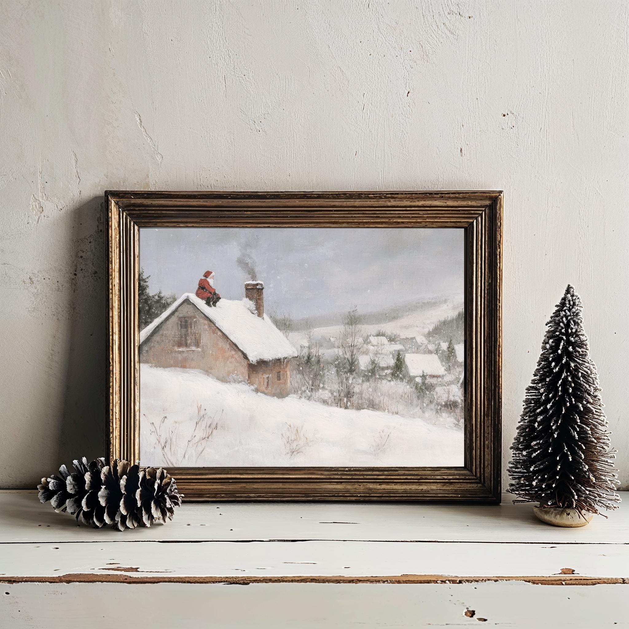 Printable Santa Wall Art, Winter Neutral Village Print, Rustic Modern ...
