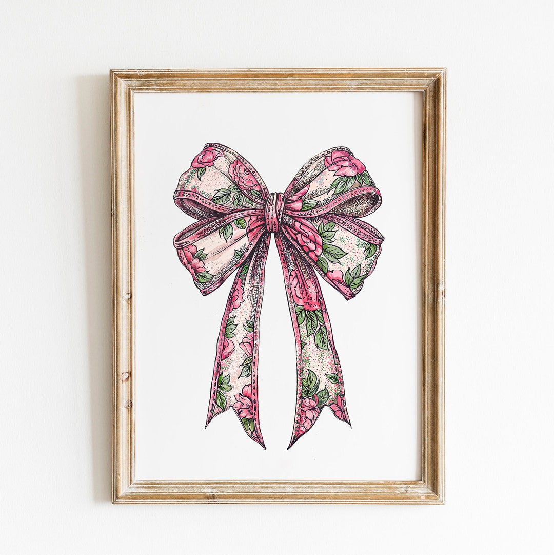 Floral Pink Bow Print, Shabby Coquette Room Decor, Baby Girl Nursery ...