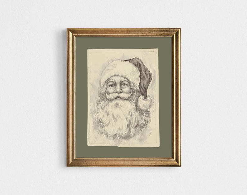 Printable Santa Face Sketch Wall Art, Christmas Neutral Green Vintage ...