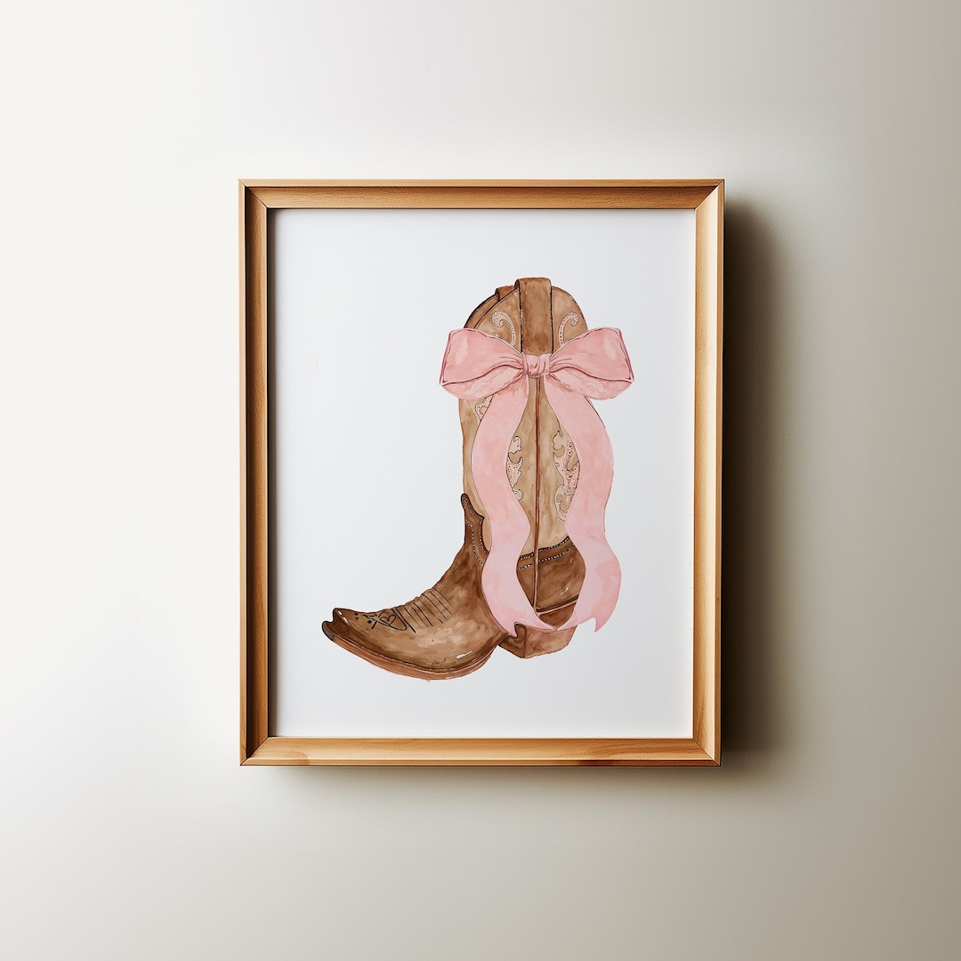 Bow Cowgirl Boots Print, Nursery Pink Bow Printable Art, Preppy Western ...