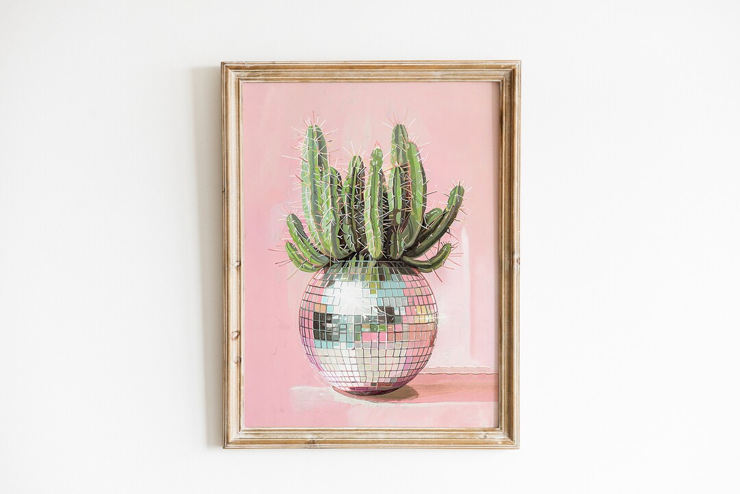 Cactus Disco Ball Poster, Retro Girly Western Apartment Print, Funky ...