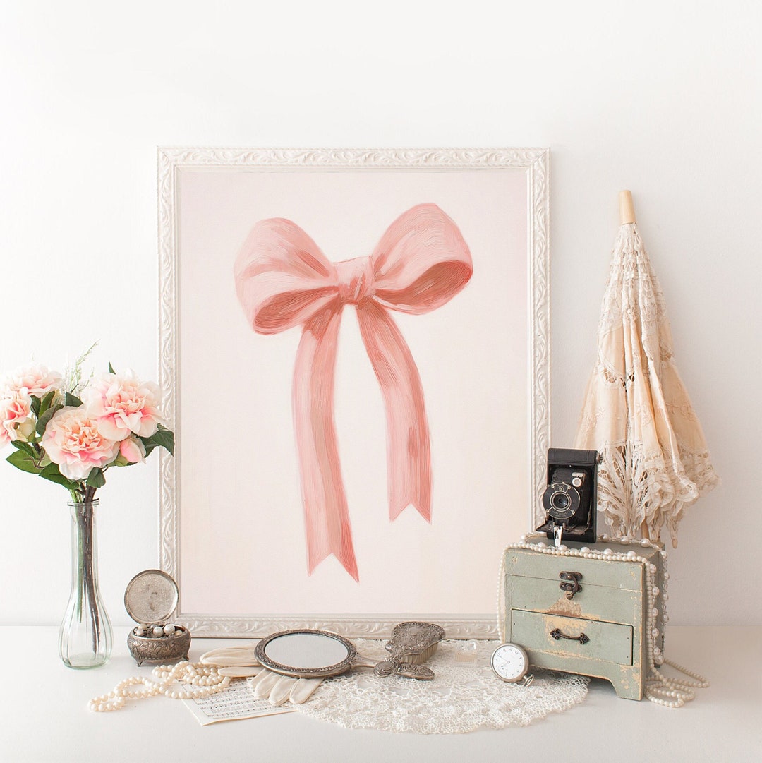 Balletcore Wall Art, Pink Bow Painting, Coquette Room Print, Aesthetic ...