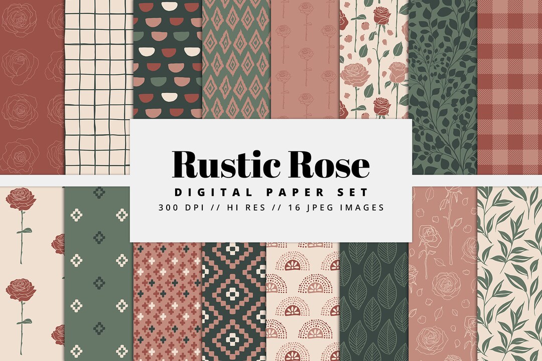 Rustic Rose Digital Paper Set, Seamless Textures, Floral Patterns ...