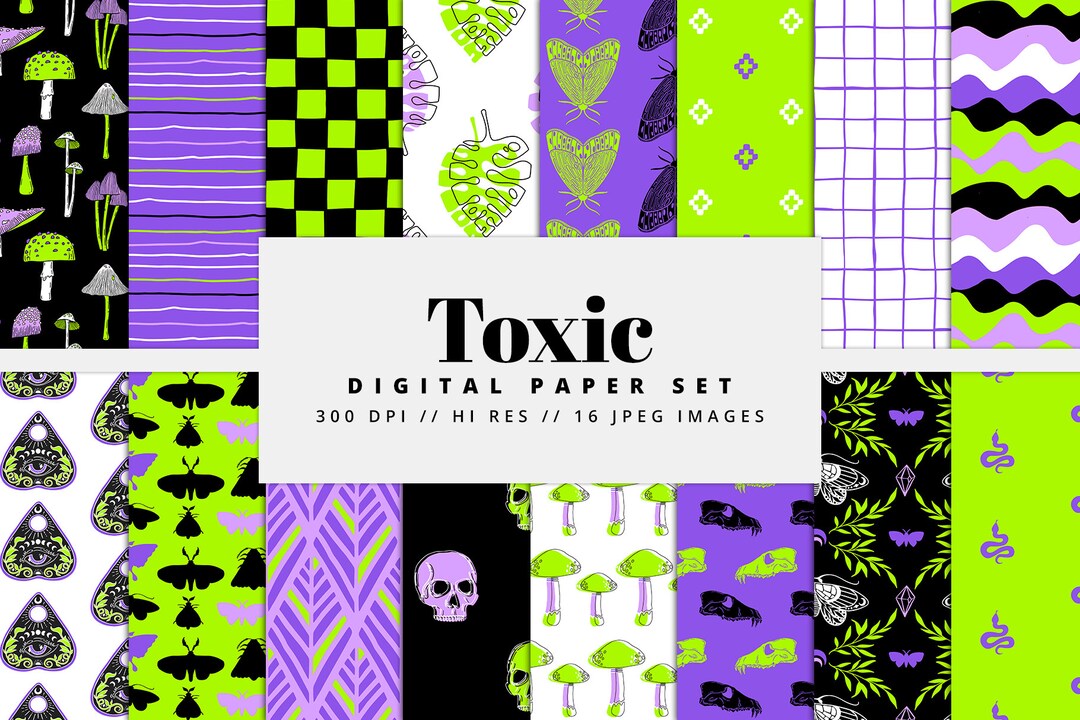 Toxic Digital Paper Set, Seamless Textures, Halloween Patterns, Doodle ...