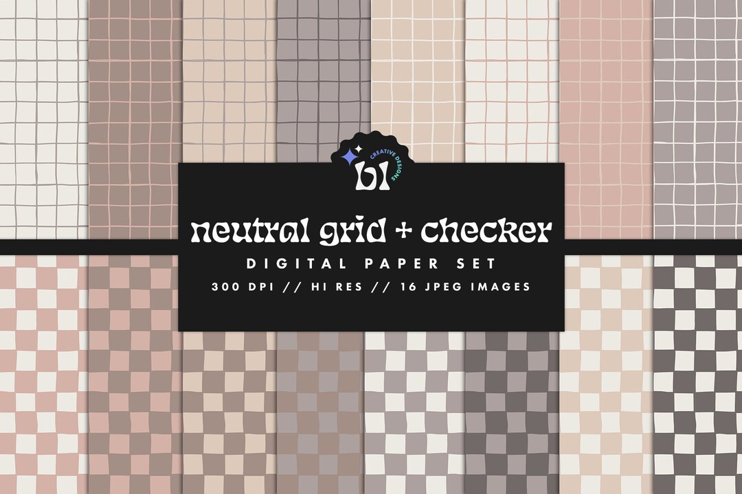 Neutral Grid and Checker Digital Paper Set, Seamless Textures, Grid ...