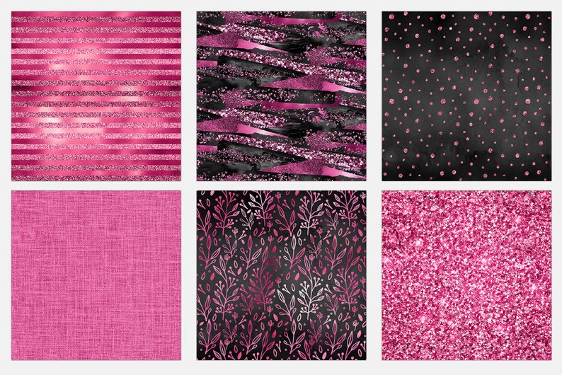 Black and Pink Foil Digital Paper, Seamless Metallic Textures, Glam ...
