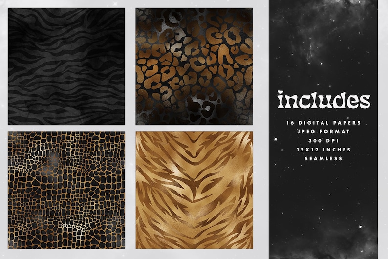 Black & Gold Animal Print Digital Paper, Animal Patterns, Safari ...