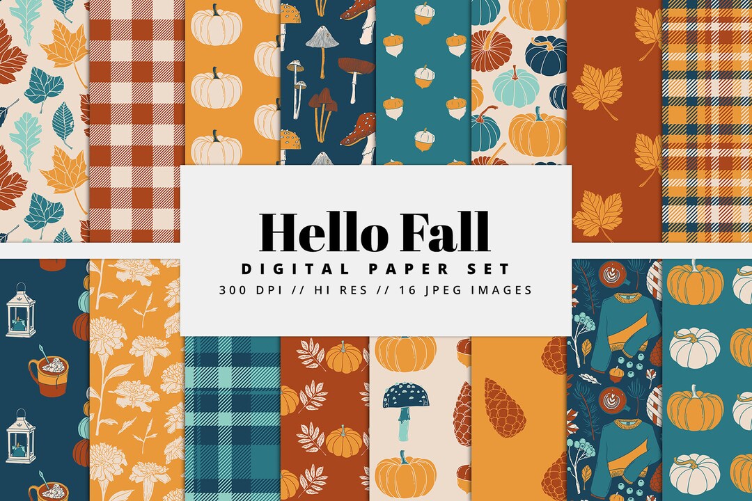 Hello Fall Digital Paper Set, Seamless Textures, Autumn Patterns, Fall ...