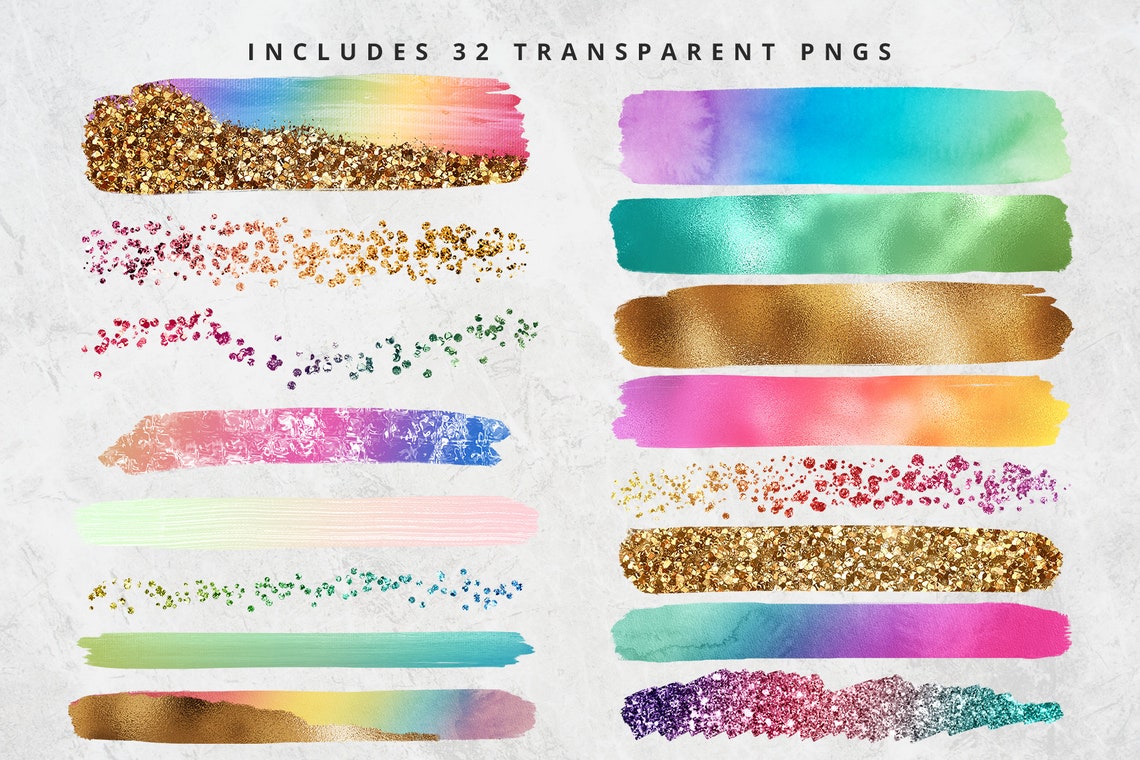 Rainbow Brush Strokes Clipart, Paint Strokes, PNG, Gold Foil Brush ...