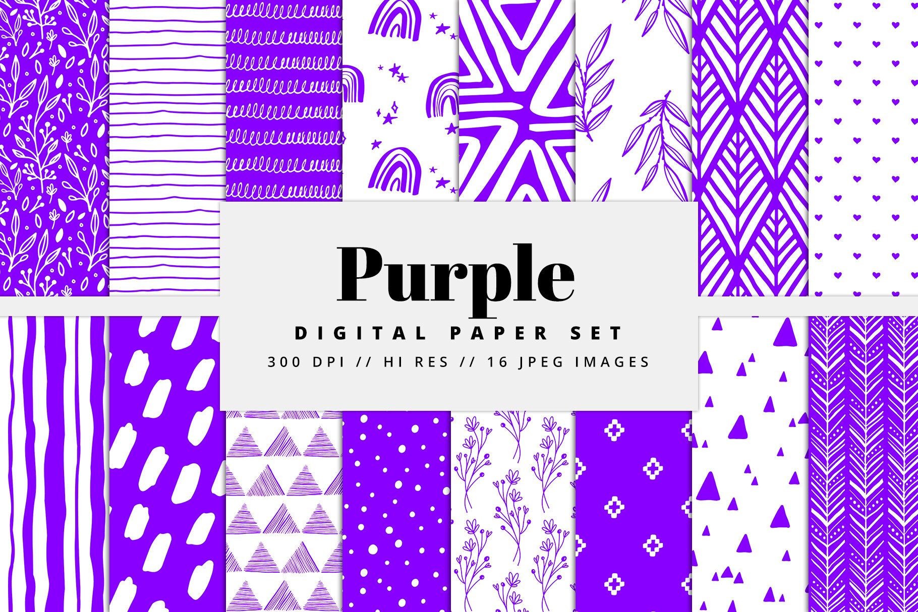 Purple and White Digital Paper, Hand Drawn, Floral, Geometric ...