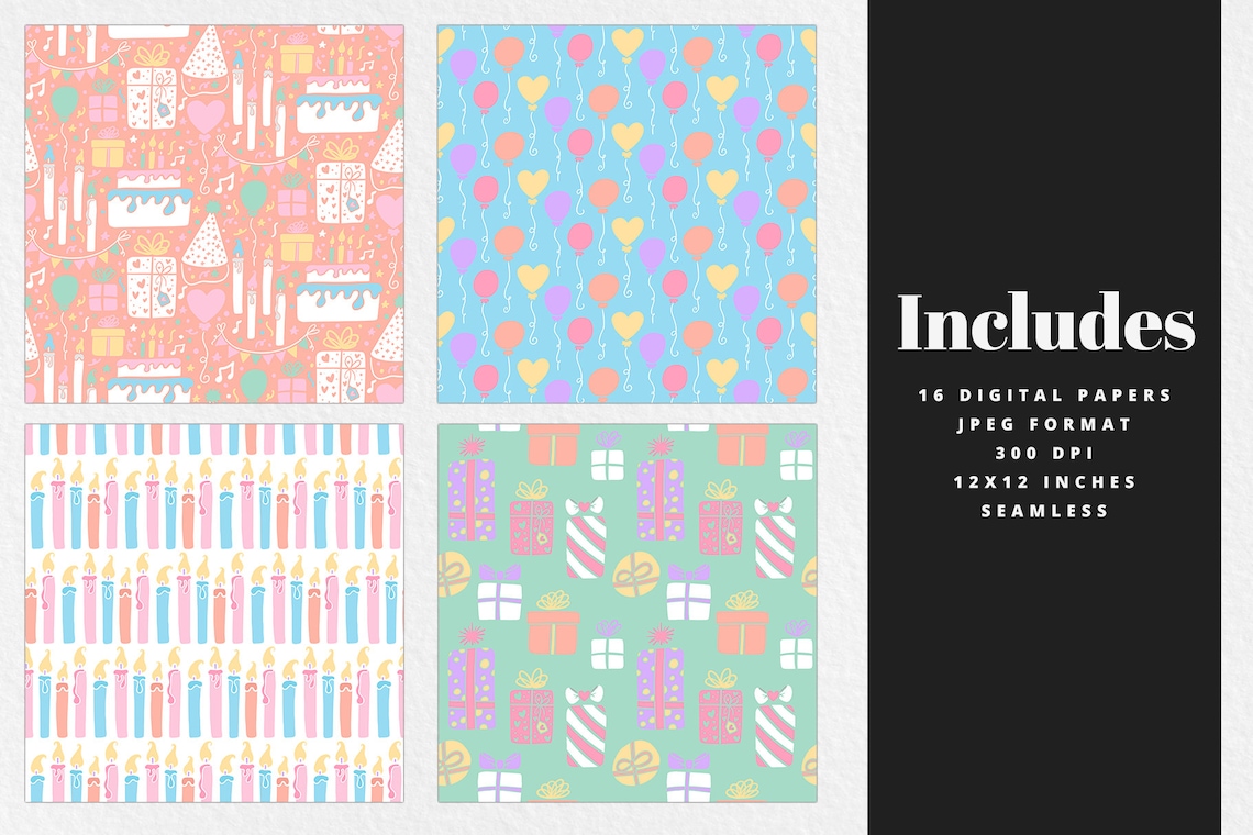 Pastel Birthday Digital Paper Set, Seamless Textures, Birthday Party ...