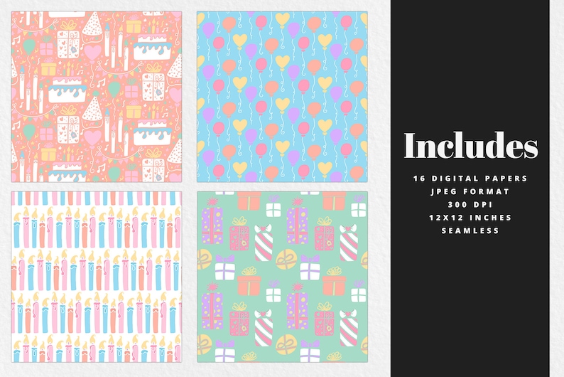 Pastel Birthday Digital Paper Set, Seamless Textures, Birthday Party ...