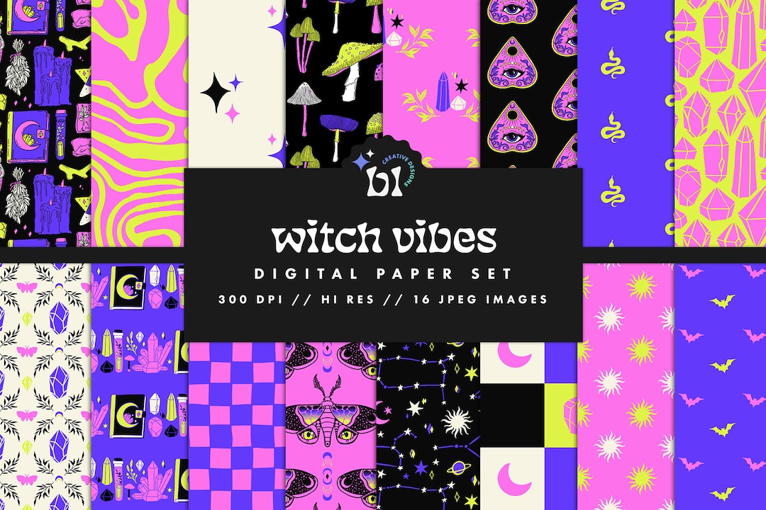 Witchy Halloween Digital Paper, Retro Seamless Textures, Magical ...