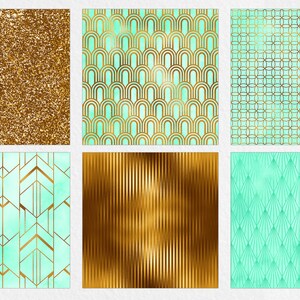 Art Deco Digital Paper, Mint and Gold Deco, Seamless Backgrounds ...