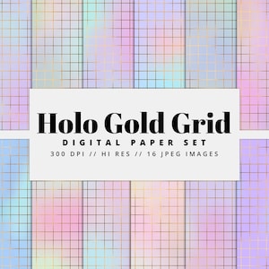 Holo Gold Grid Digital Paper, Grid Patterns, Holographic Patterns ...