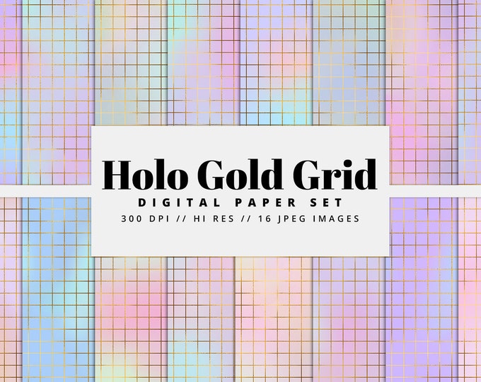 Holo Gold Grid Digital Paper, Grid Patterns, Holographic Patterns ...
