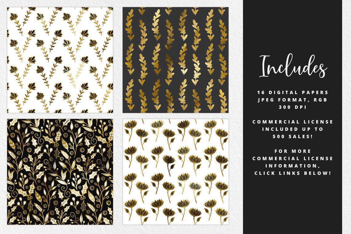 Black & Gold Foil Digital Paper Gold Foil Textures Floral - Etsy