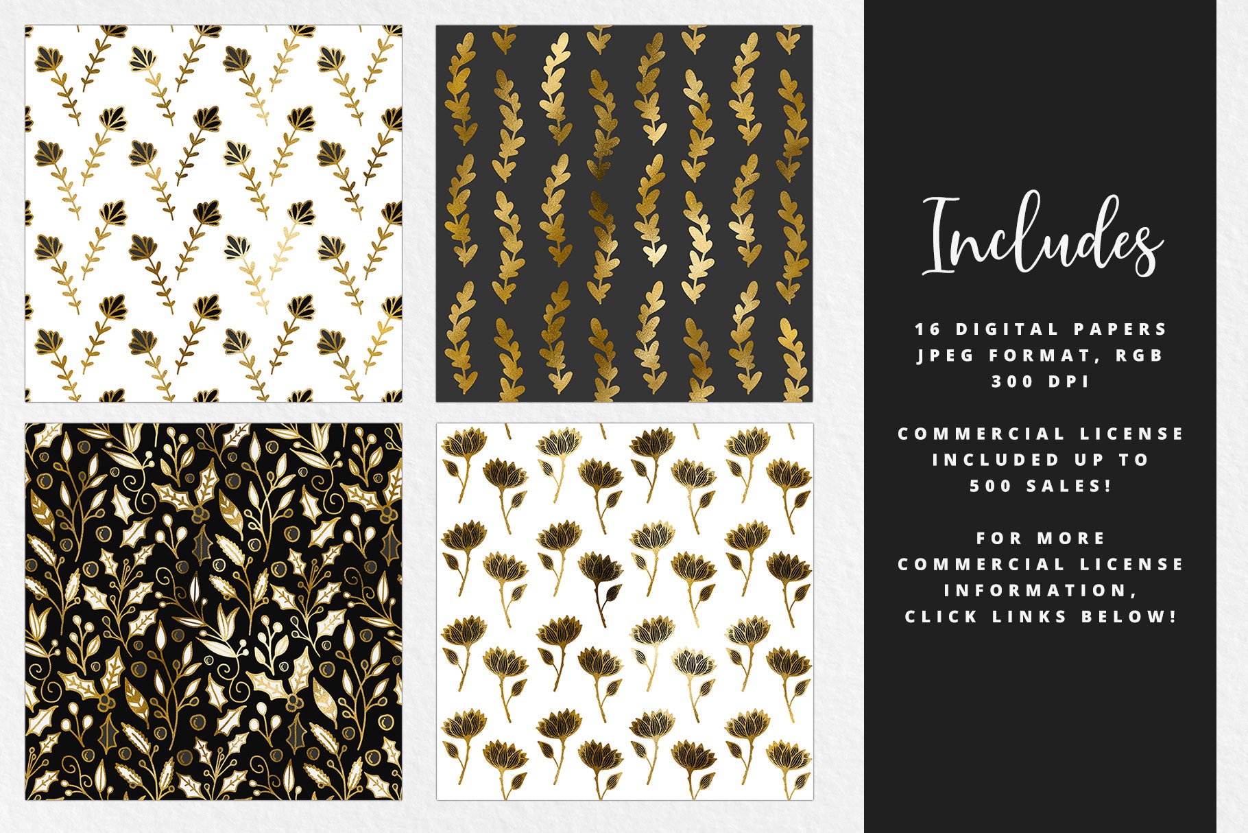 Black & Gold Foil Digital Paper Gold Foil Textures Floral | Etsy