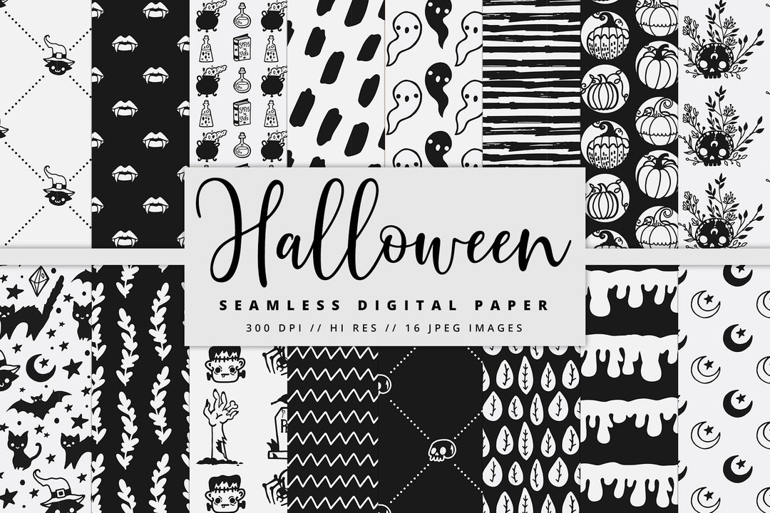 Halloween Digital Paper, Black and White, Ghosts, Witch, Magic ...