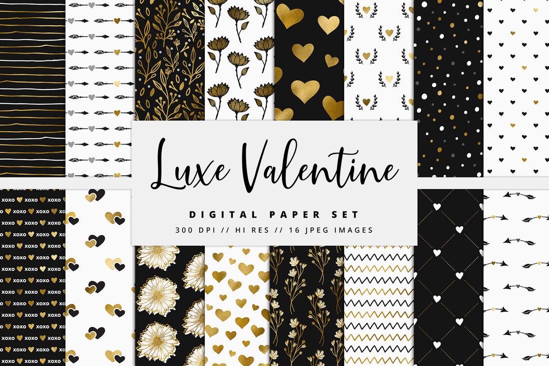 Valentine's Day Black and Gold Digital Paper, Gold Foil, Valentine ...