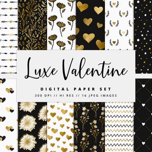 Valentine's Day Black and Gold Digital Paper, Gold Foil, Valentine ...