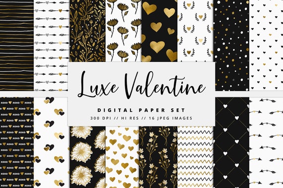 Valentine's Day Black and Gold Digital Paper Gold Foil | Etsy