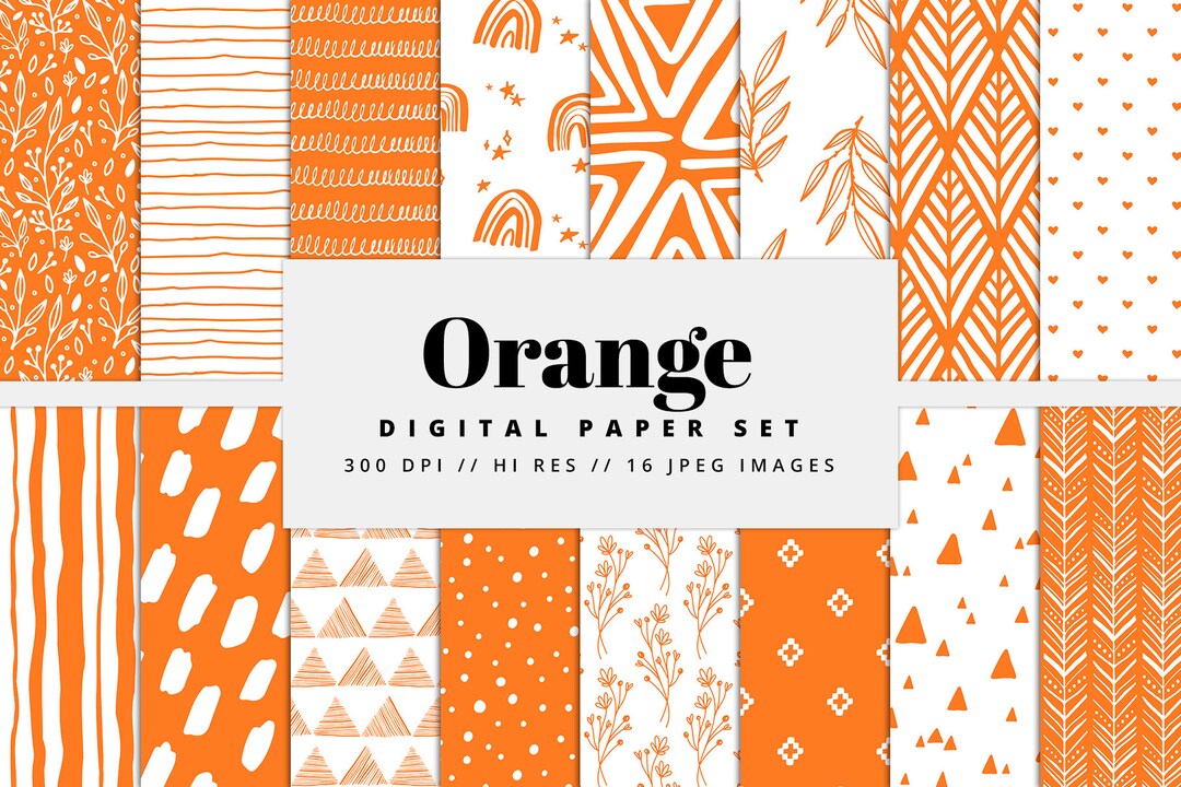 Orange and White Digital Paper, Hand Drawn, Floral, Geometric ...