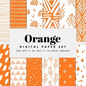 Orange and White Digital Paper, Hand Drawn, Floral, Geometric ...