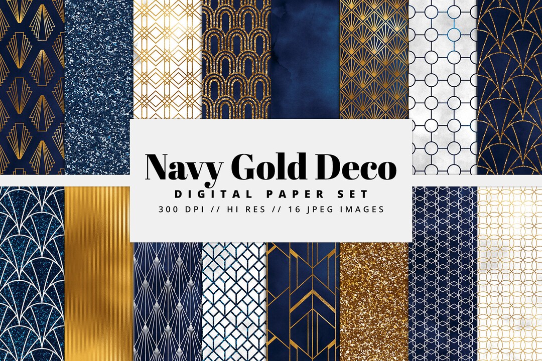 Art Deco Digital Paper, Navy and Gold Deco, Seamless Backgrounds ...