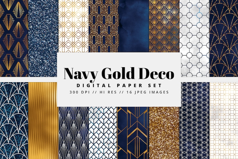 Art Deco Digital Paper, Navy and Gold Deco, Seamless Backgrounds ...