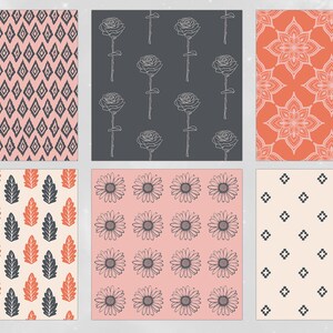 Coral and Gray Digital Paper Set, Retro Seamless Textures, Floral ...