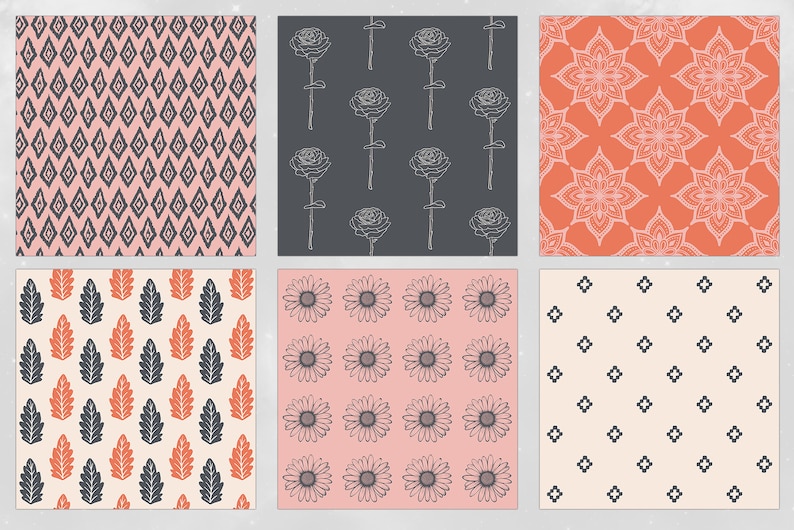 Coral and Gray Digital Paper Set, Retro Seamless Textures, Floral ...