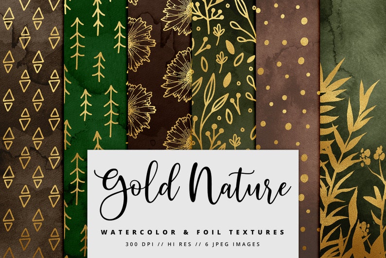 Gold Nature Foil Watercolor Digital Paper, Watercolor Textures ...