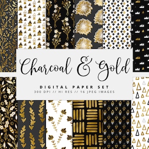 Black & Gold Foil Digital Paper, Gold Foil Textures, Floral Digital ...